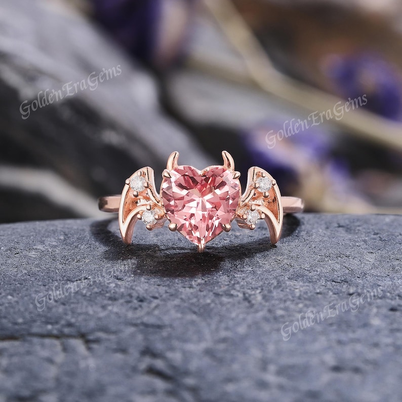 Art Deco Heart Pink Sapphire Engagement Ring Gothic Bat Wing Wedding ...
