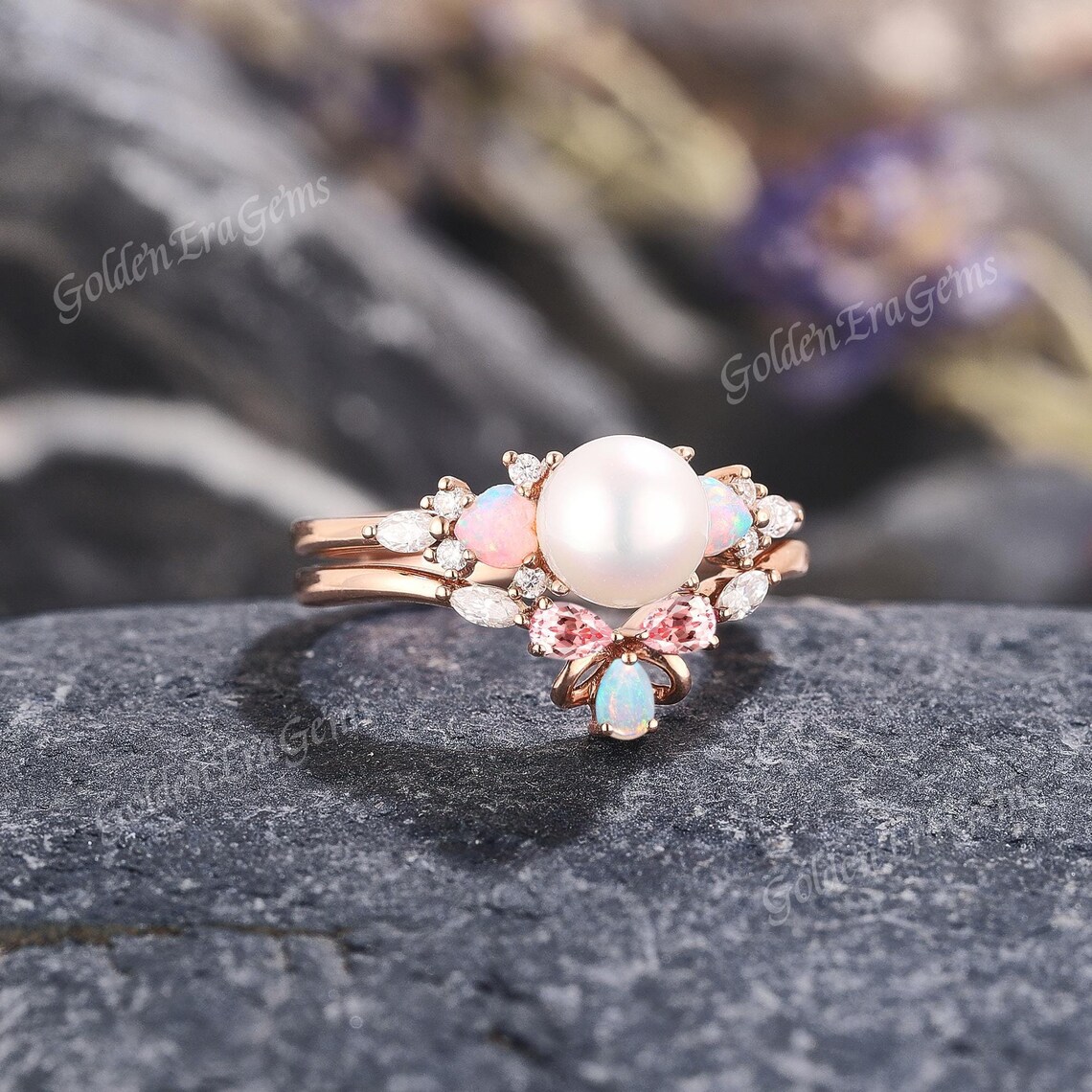 Unique Akoya Pearl Engagement Ring Set Gold Delicate Heart Opal ...