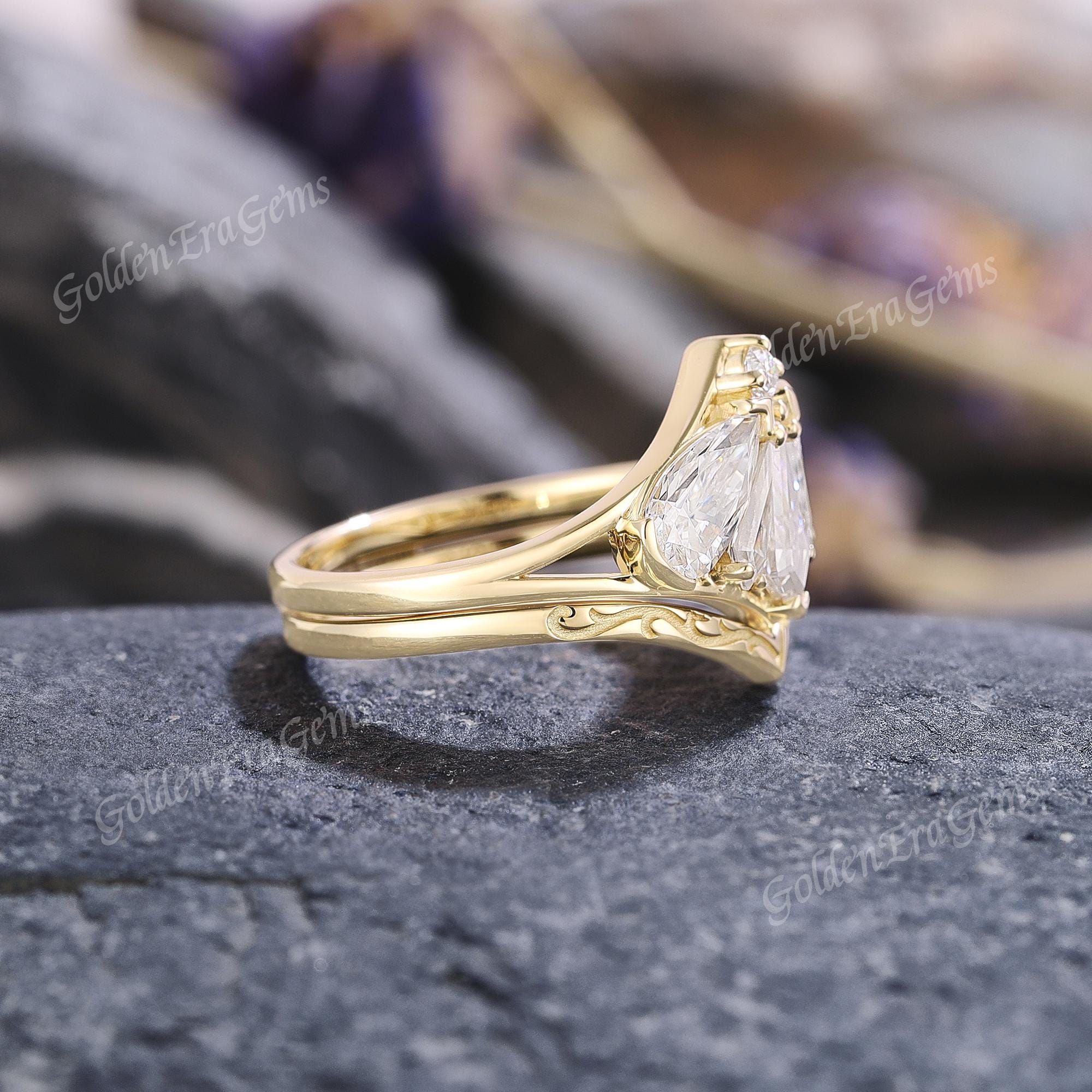 Gothic Moth Moissanite Engagement Ring Set Unique Cut Wedding Rings for ...