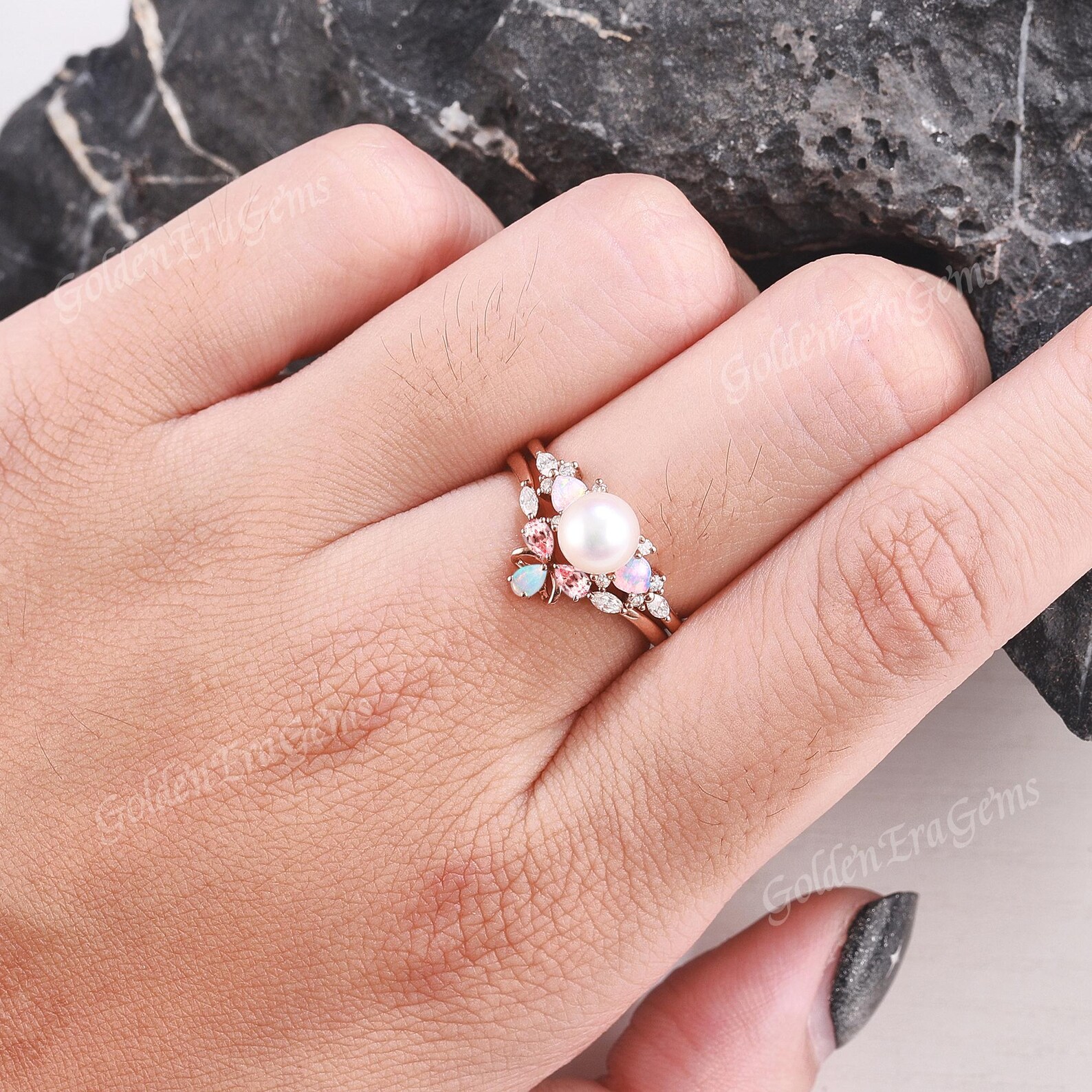 Unique Akoya Pearl Engagement Ring Set Gold Delicate Heart Opal ...