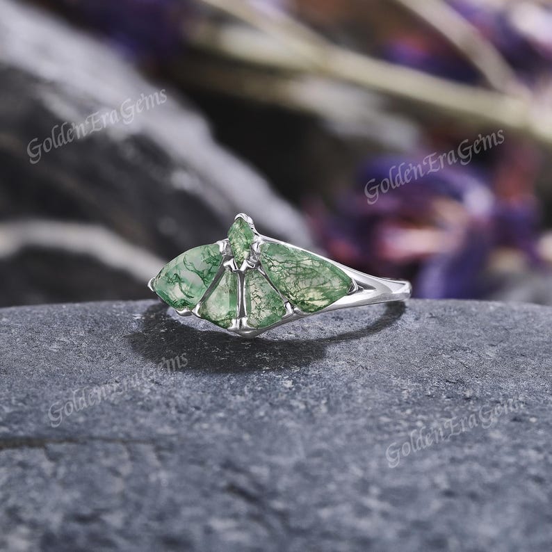 Gothic Moth Moss Agate Engagement Ring, Solid Gold Promise Ring - Etsy