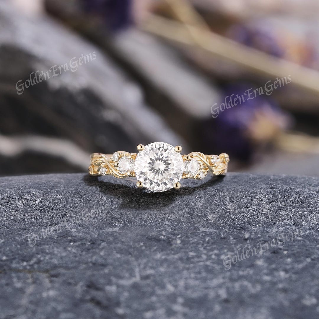 Unique Portuguese Cut Moissanite Engagement Ring Yellow Gold Dainty ...