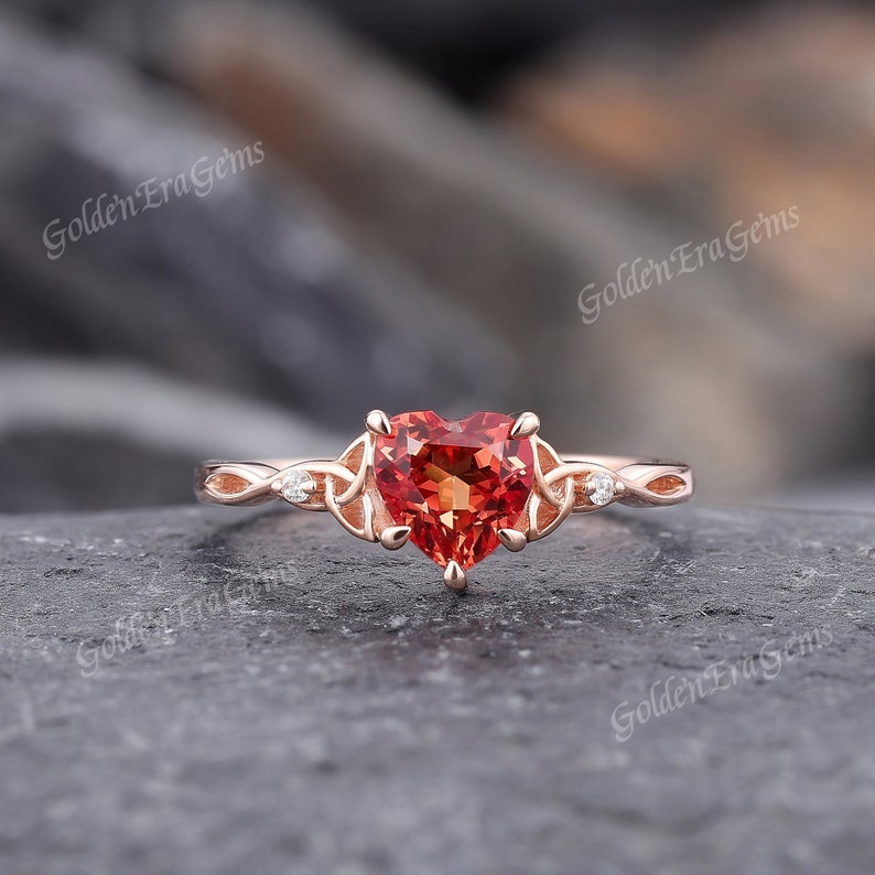 Art Deco Heart Orange Sapphire Engagement Ring Unique Celtic Wedding ...