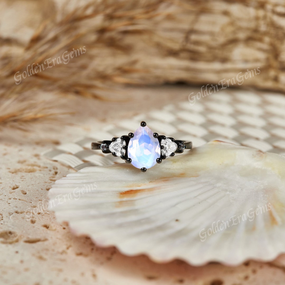Vintage Moonstone Gothic Engagement Ring Black Gold Witchy Rhodium ...