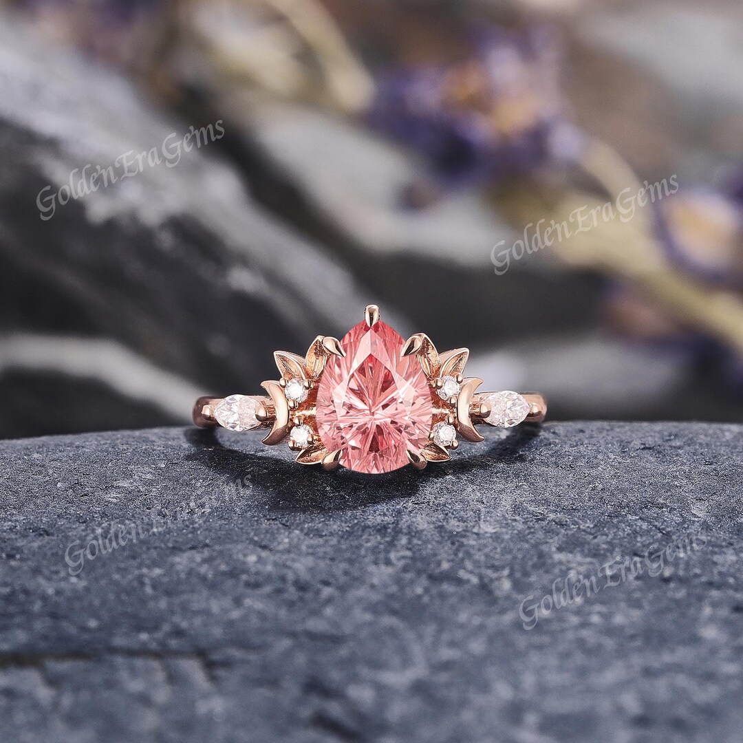 Art Deco Firework Pink Sapphire Engagement Ring Gold Unique Leaf Moon ...