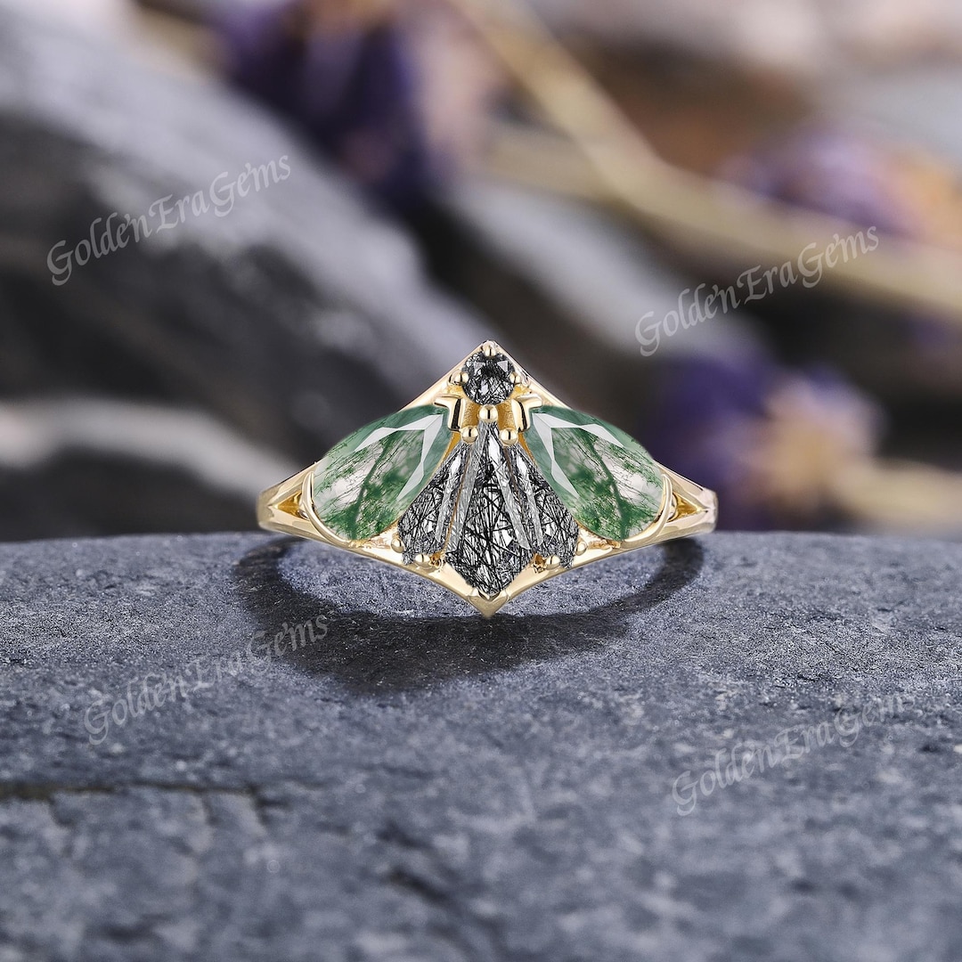 Unique Moth Design Black Rutilated Quartz Moss Agate Engagement Ring ...