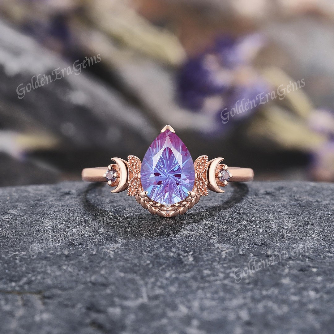 Nature Inspired Star Brite Alexandrite Engagement Ring Gold Unique Leaf ...