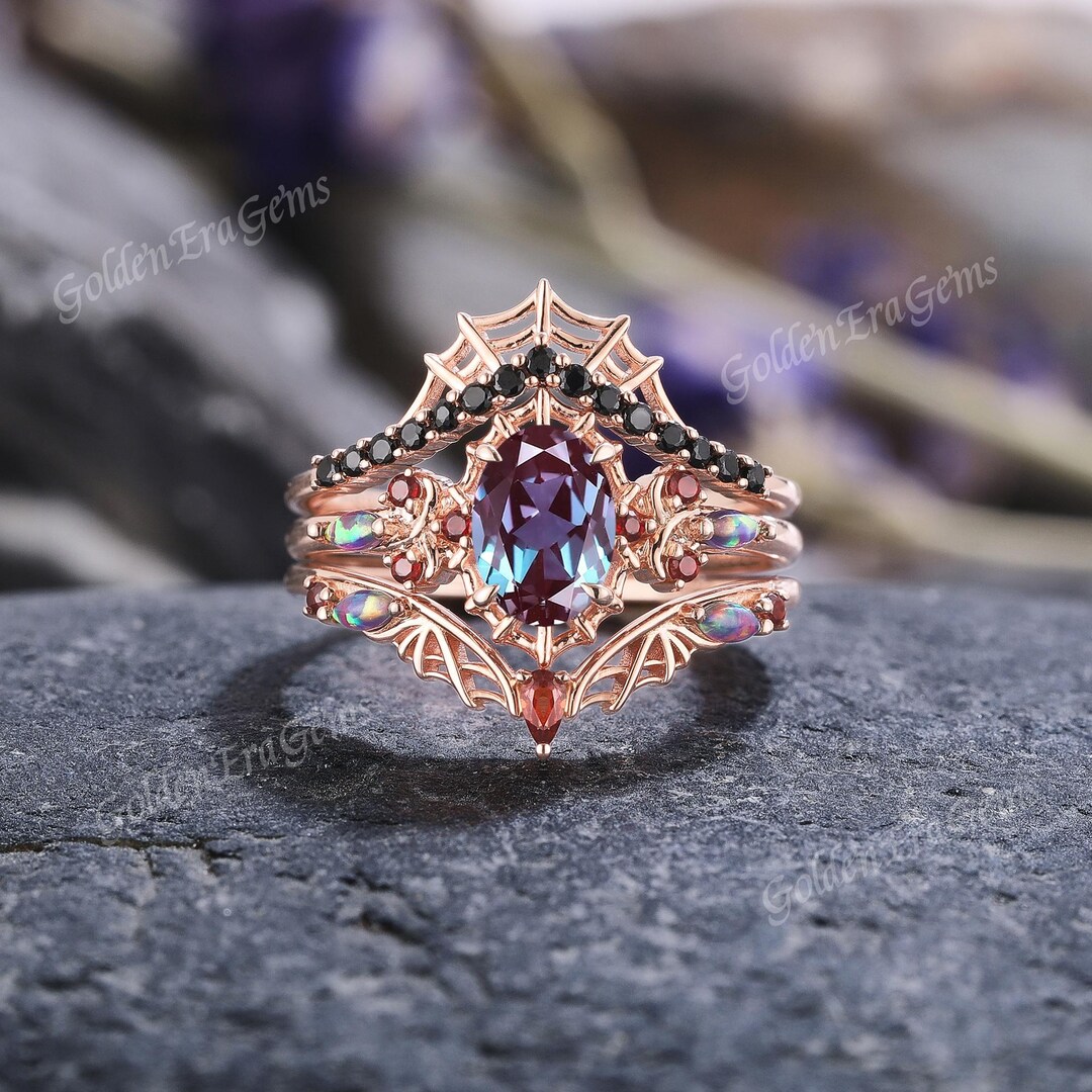 3pcs Spider Alexandrite Engagement Ring Set Gothic Nature Inspired Bat ...