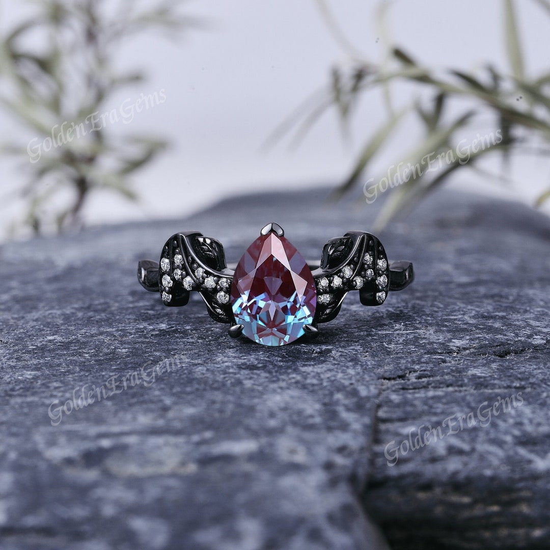 Unique Bat Wing Design Alexandrite Engagement Ring Black Gold Gothic ...