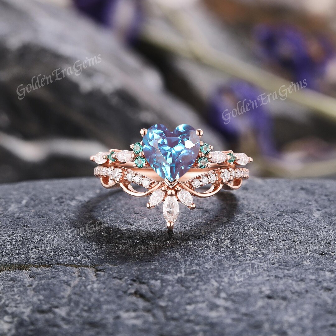 Unique Heart Alexandrite Engagement Ring Set Delicate Wedding Rings for ...