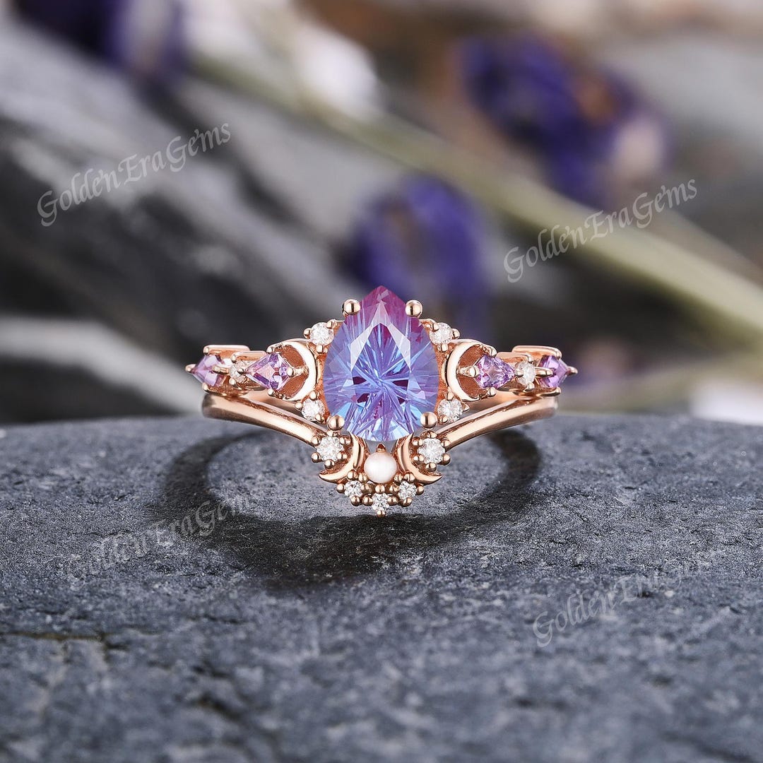Vintage Alexandrite Engagement Ring Set Unique Moon Design Wedding ...
