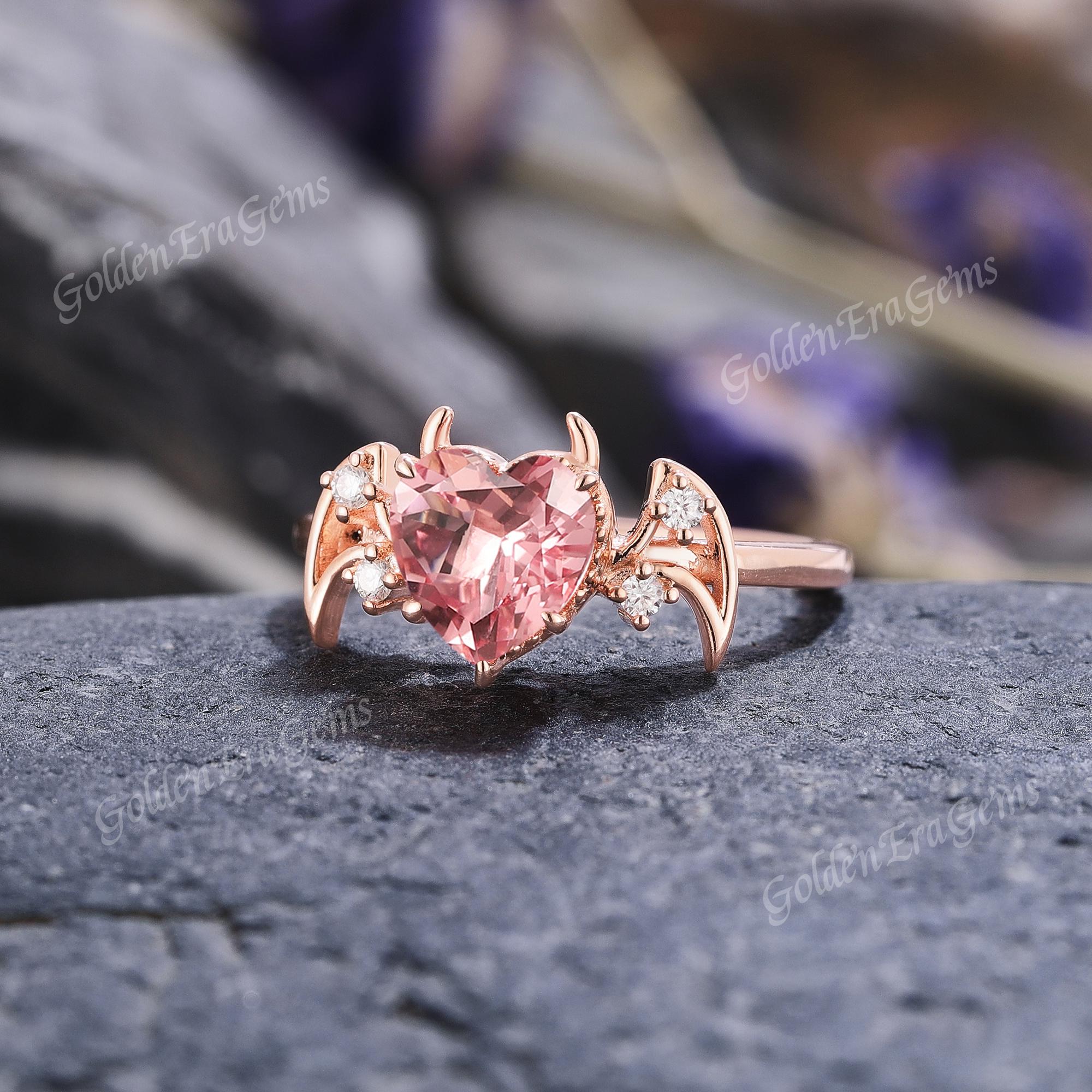 Art Deco Heart Pink Sapphire Engagement Ring Gothic Bat Wing Wedding ...