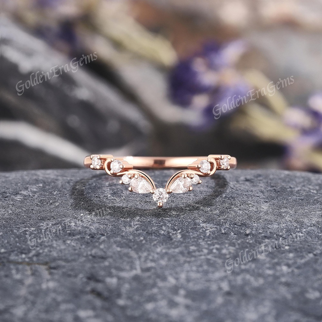 Art Deco Moissanite Curved Wedding Band Solid Gold Vine Wedding Rings ...