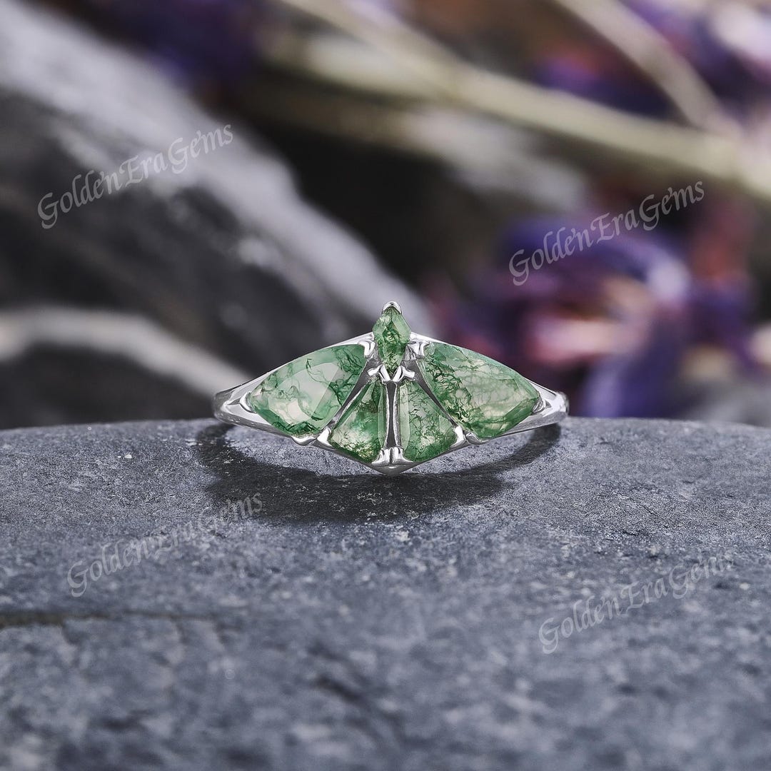 Gothic Moth Moss Agate Engagement Ring, Solid Gold Promise Ring - Etsy