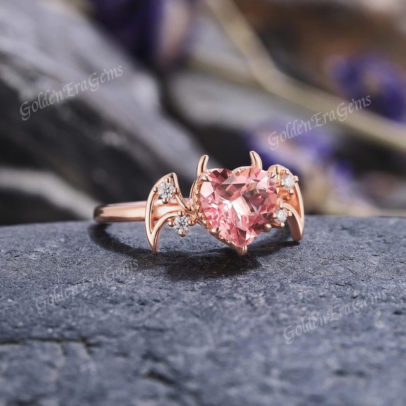 Art Deco Heart Pink Sapphire Engagement Ring Gothic Bat Wing Wedding ...