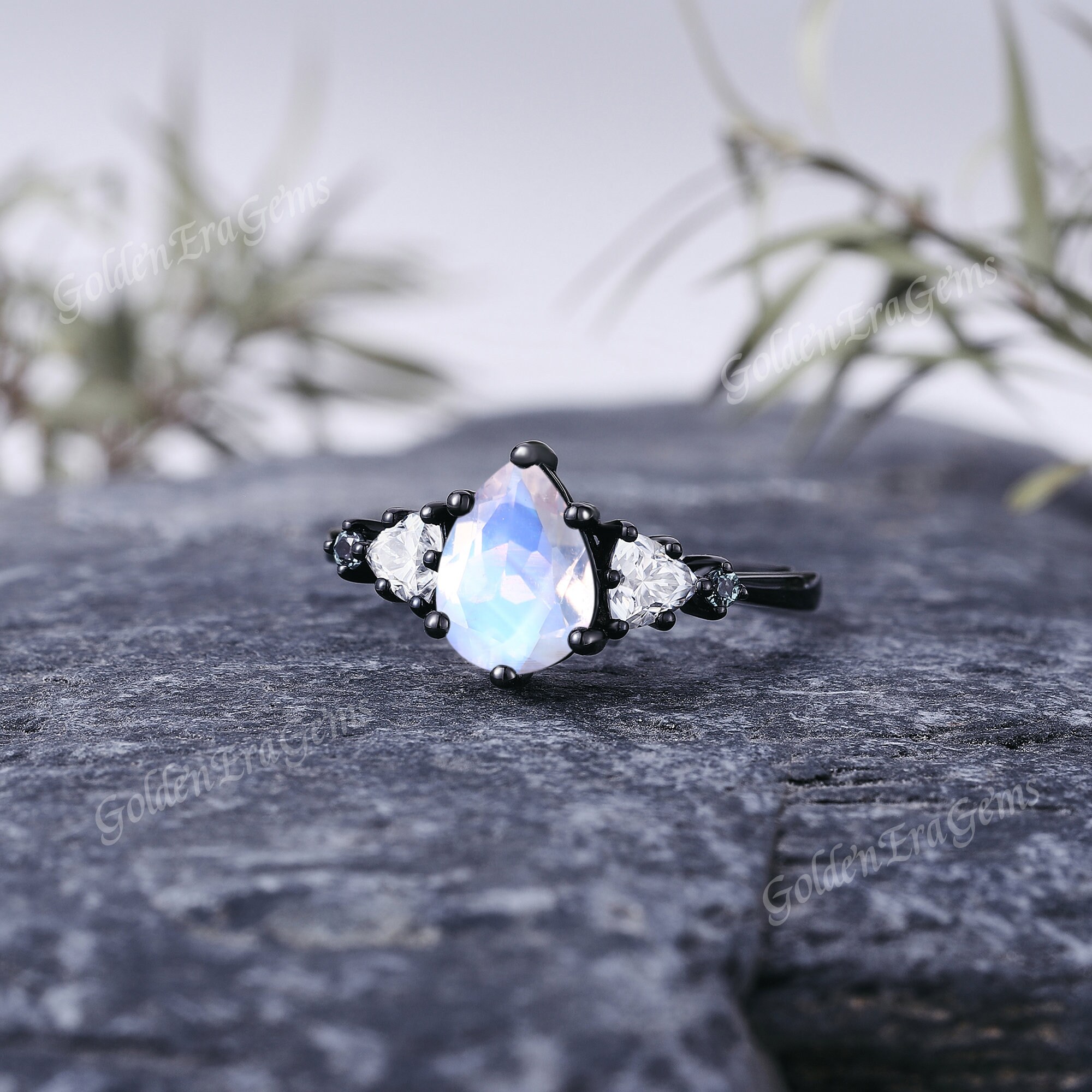 Vintage Moonstone Gothic Engagement Ring Black Gold Witchy Rhodium ...