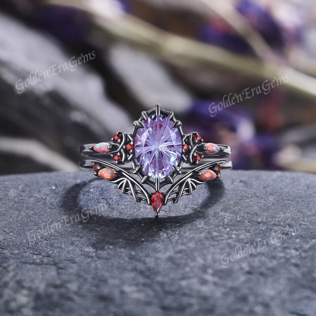 Gothic Spider Firework Cut Alexandrite Engagement Ring Set Black Gold ...