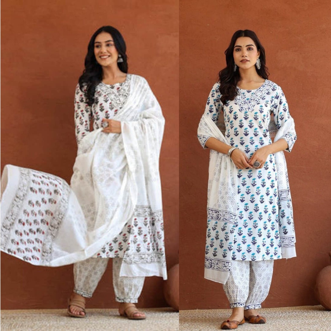 Hand Block Print Kurta Set With Dupatta/stoleindian Salwar Kameezindian ...