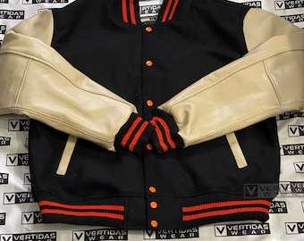 Handmade Varsity Jacket Cream Leather Black Wool - Etsy