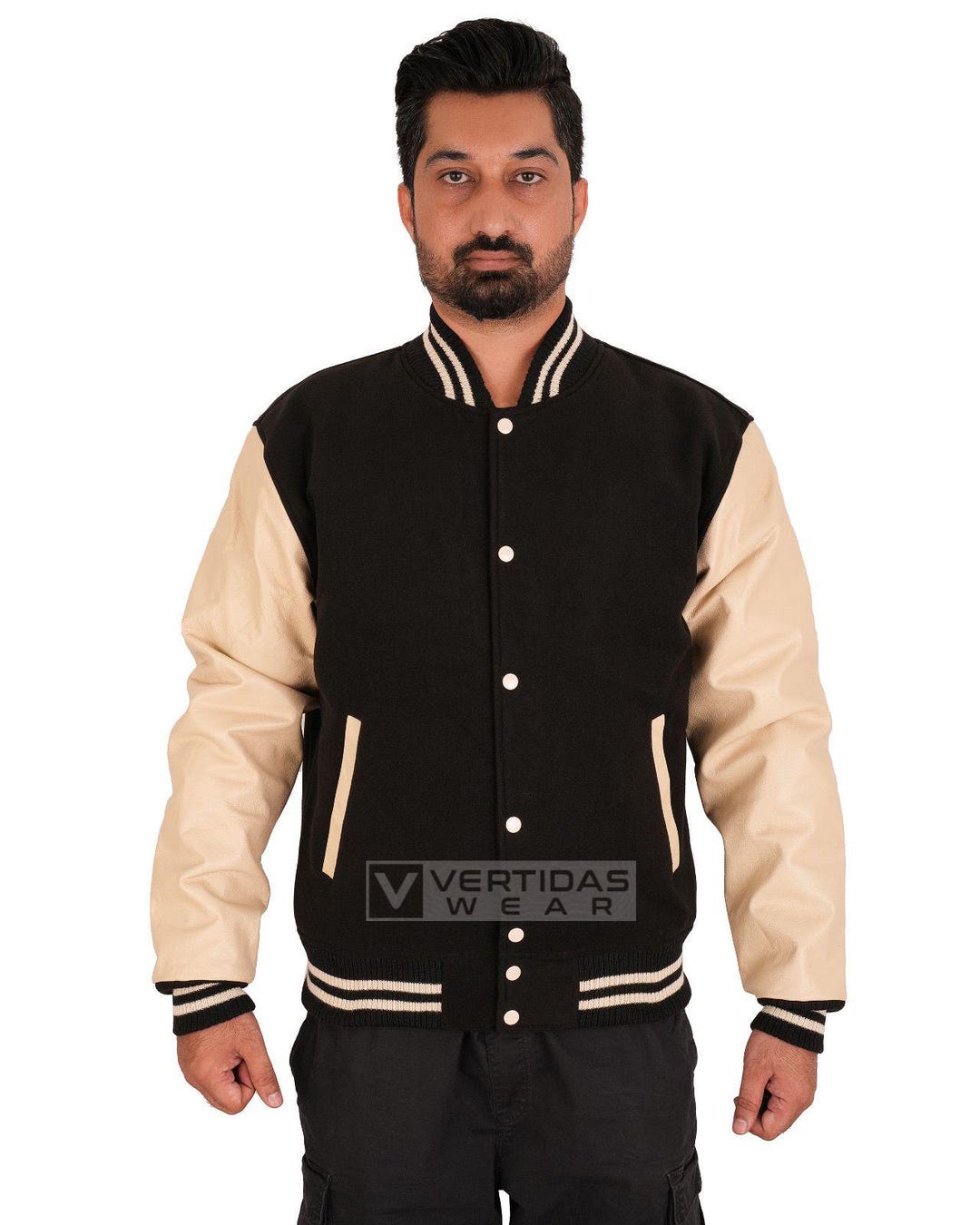 Handmade Classic Customized Varsity Black Wool Cream Arms Leather ...