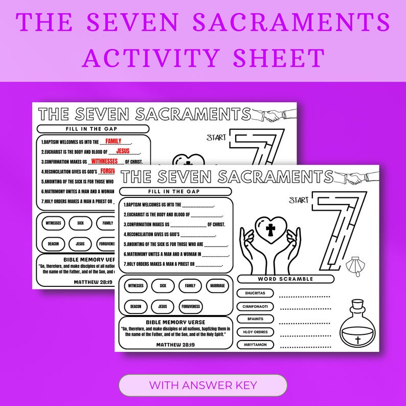 The Seven Sacraments Activity Sheet, Catholic Printable, Seven ...