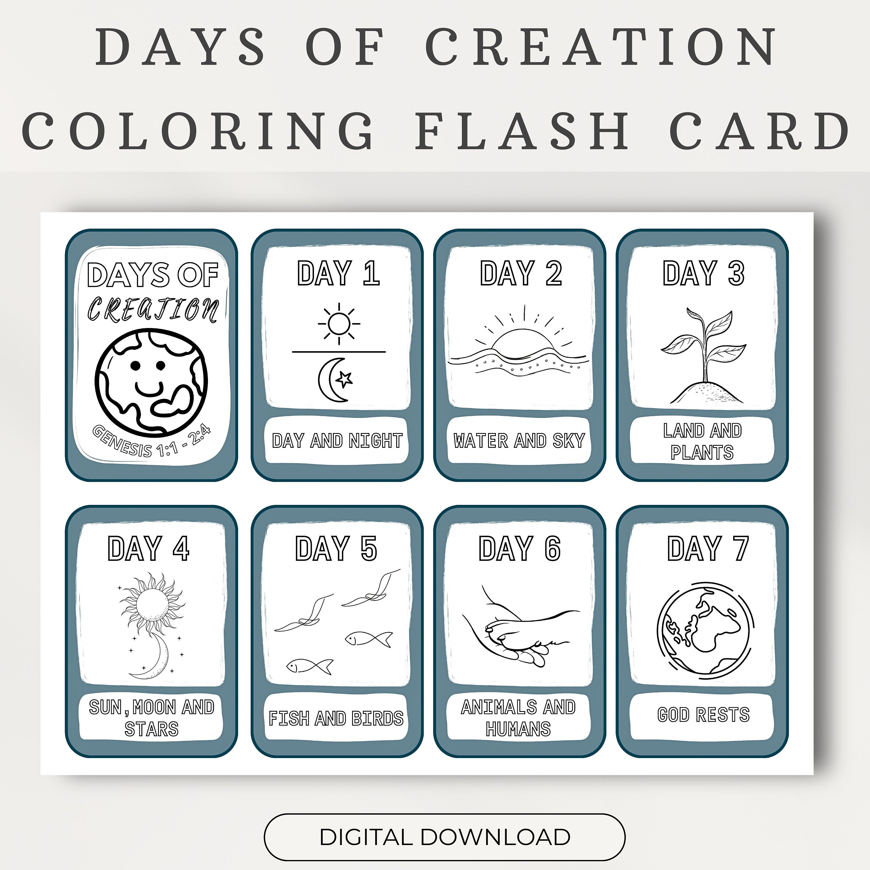 Days of Creation Coloring Flash Card, Printable Sunday School Lesson ...