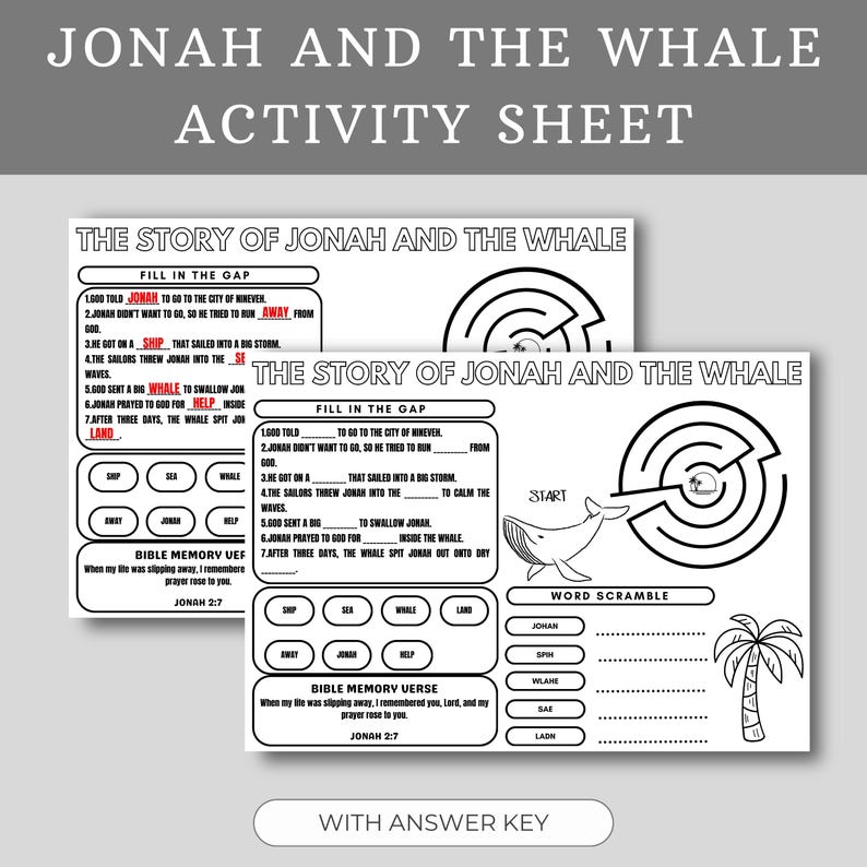Jonah and the Whale Activity Sheet | Bible Story Printable for Kids ...