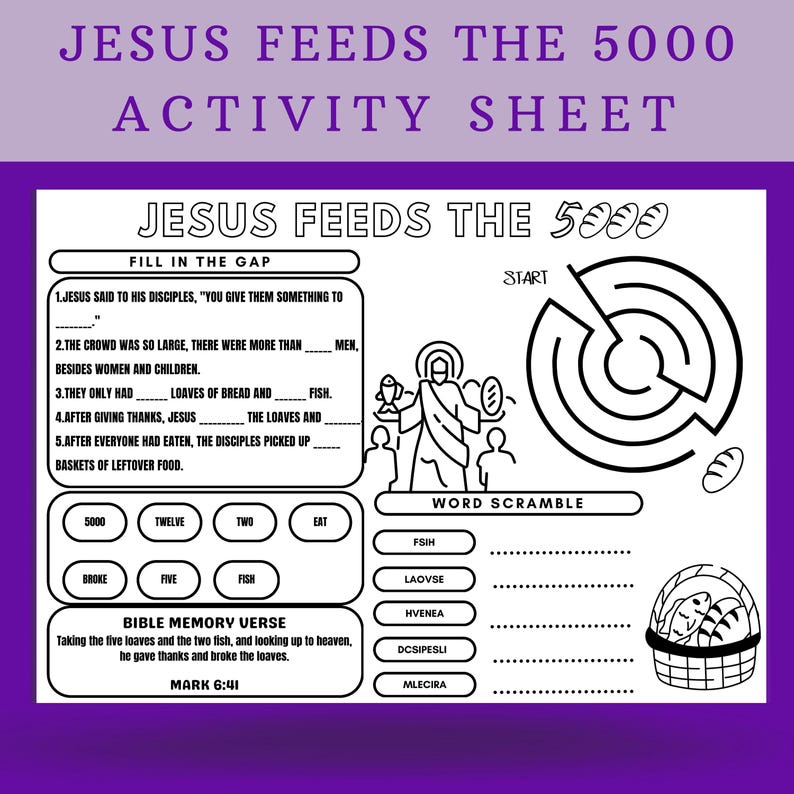 Jesus Feeds the 5000 Activity Sheet,printable Bible Story Activity ...