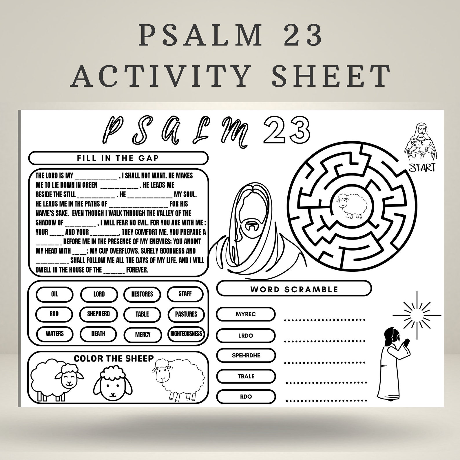 Psalm 23 Activity Sheet,bible Story Activity Placemat,bible Coloring ...