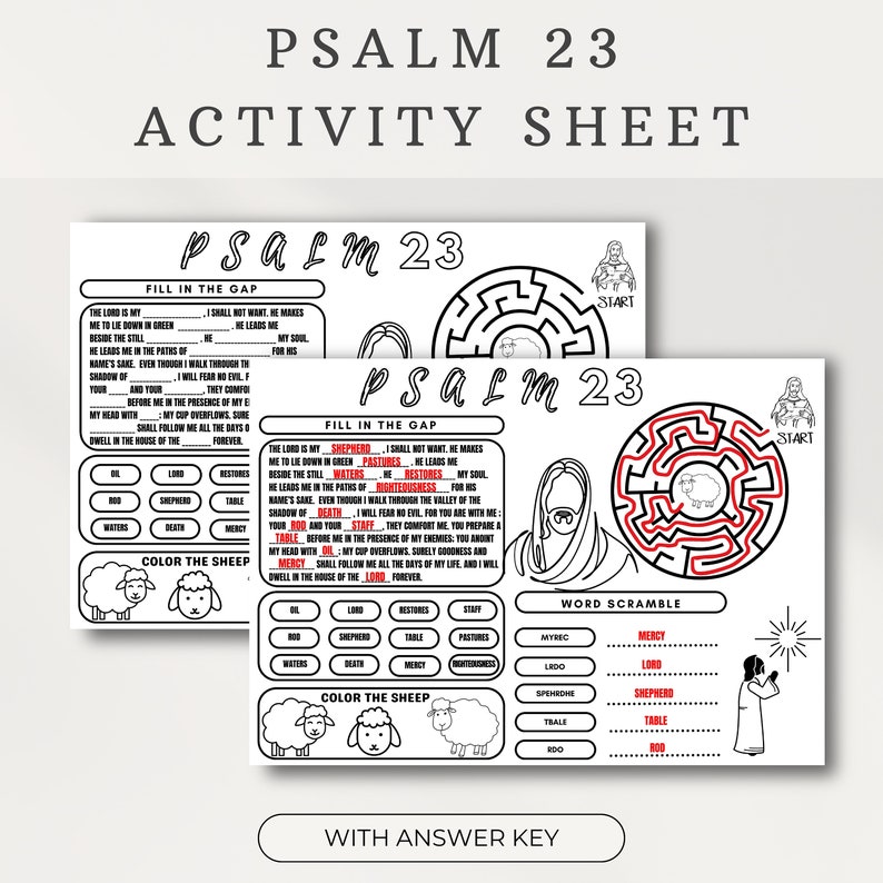 Psalm 23 Activity Sheet,bible Story Activity Placemat,bible Coloring ...