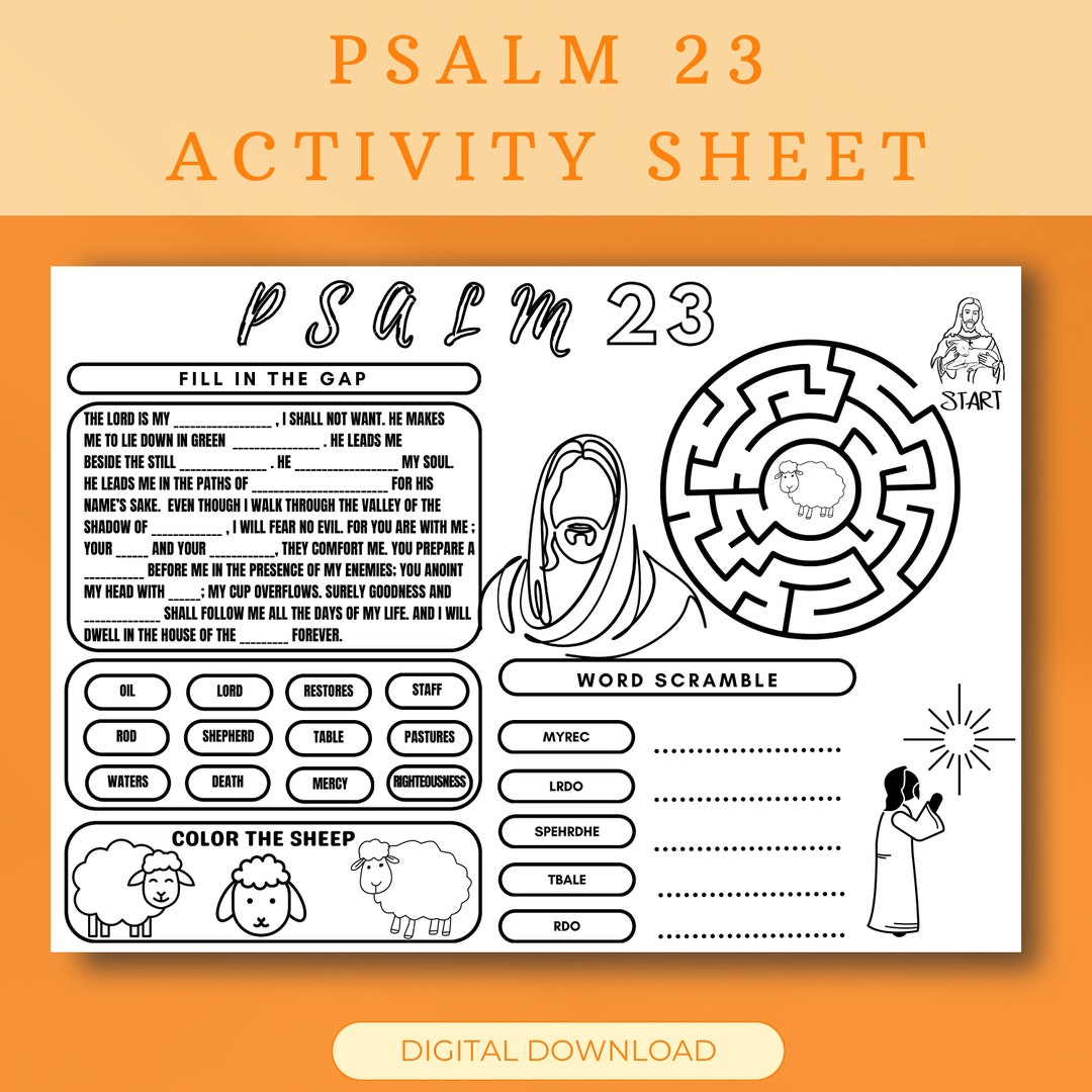 Psalm 23 Activity Sheet,bible Story Activity Placemat,bible Coloring ...