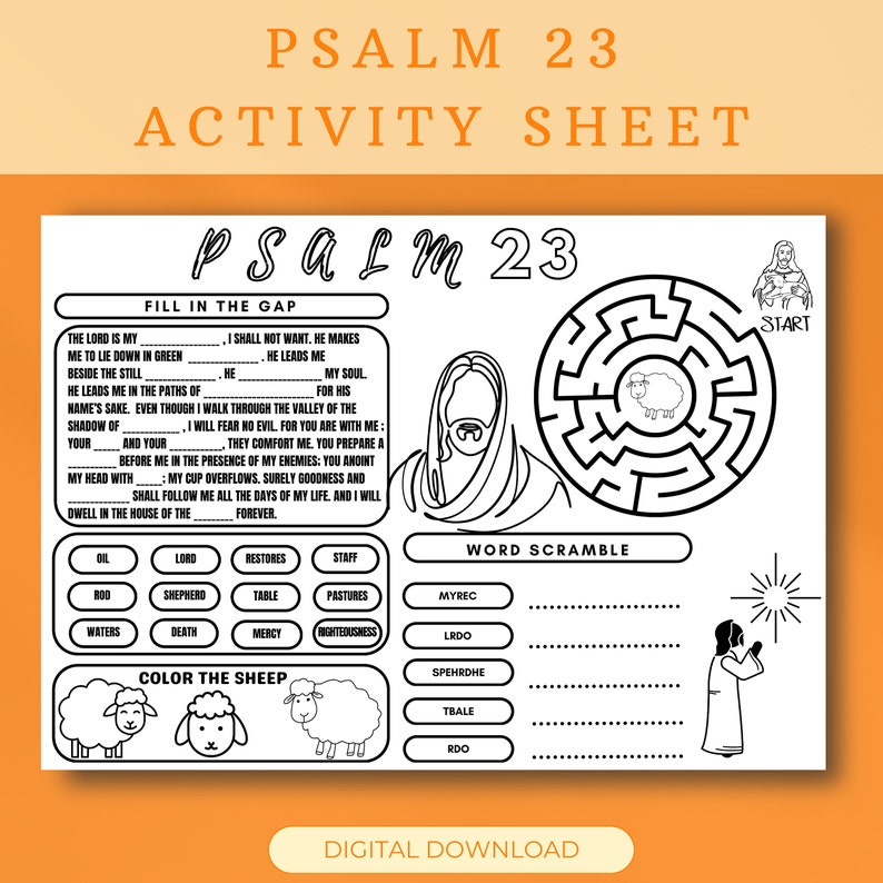 Psalm 23 Activity Sheet,bible Story Activity Placemat,bible Coloring ...