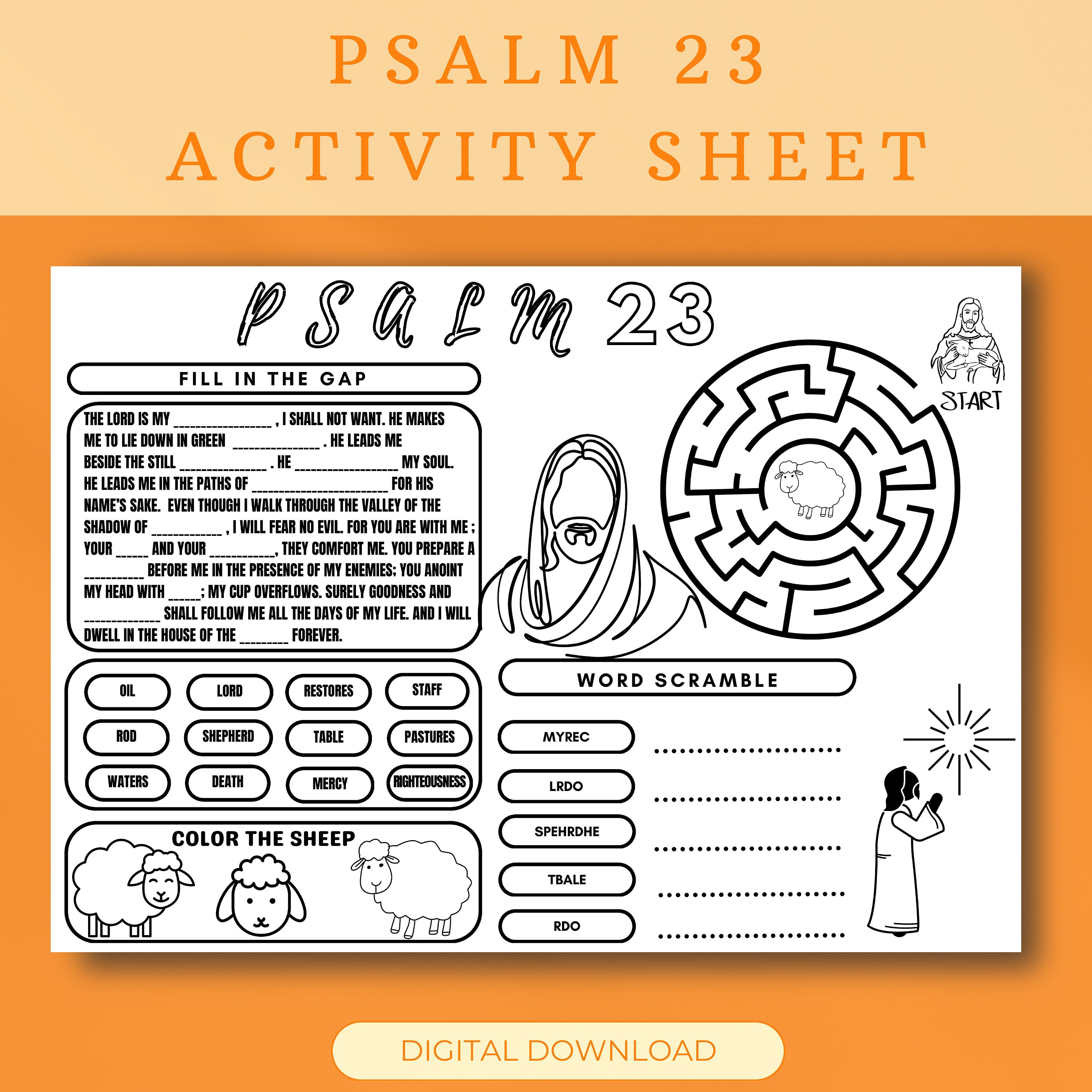 Psalm 23 Activity Sheet,bible Story Activity Placemat,bible Coloring ...