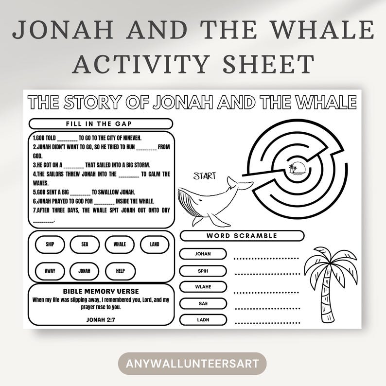 Jonah and the Whale Activity Sheet | Bible Story Printable for Kids ...