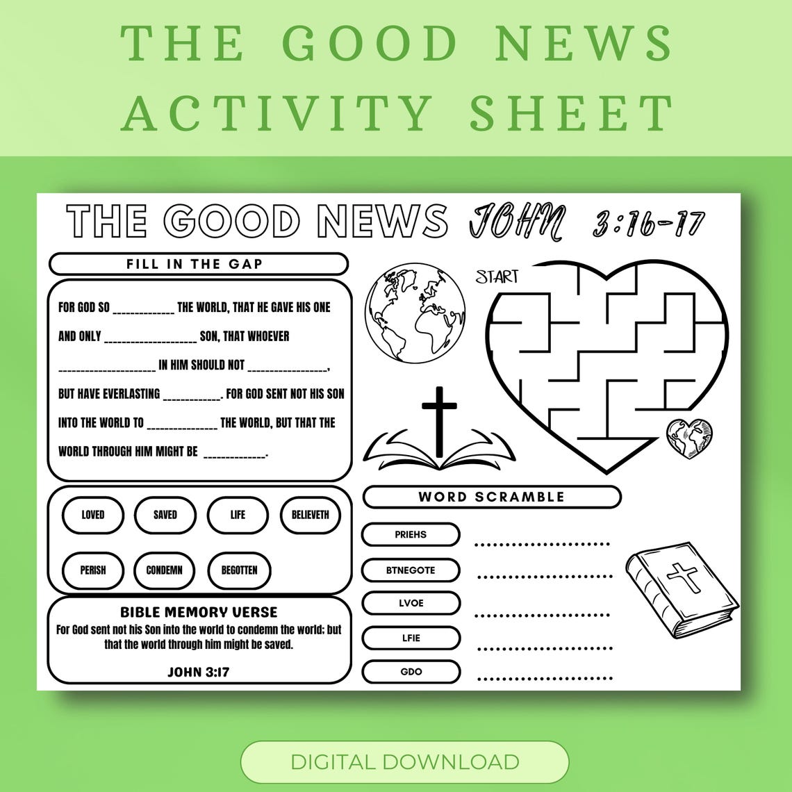 The Good News Activity Sheet, Bible Story Activity Placemat, Bible Coloring Page, Bible Verse ...