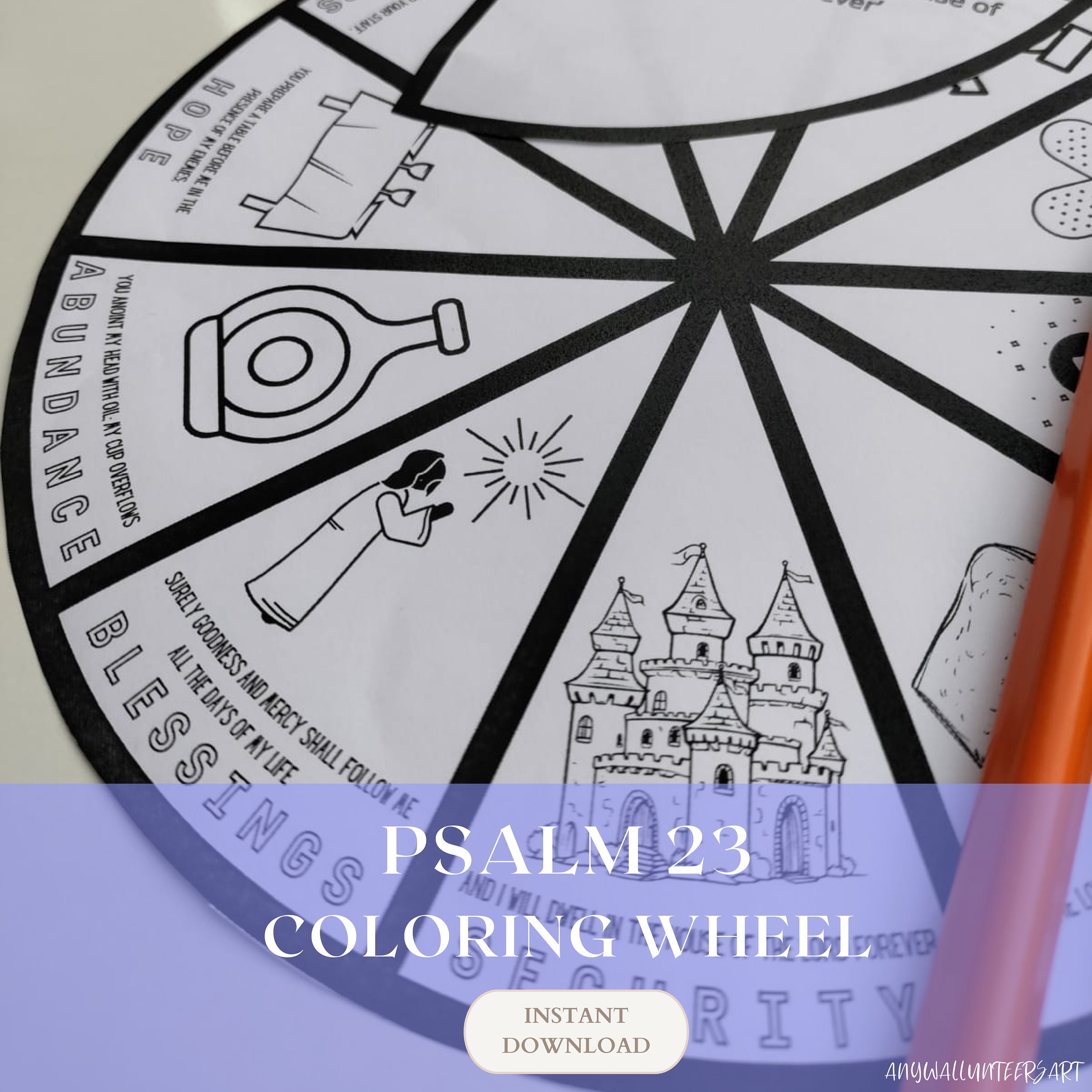 Psalm 23 Prayer Bible Coloring Wheel, Printable Bible Activity, Bible ...