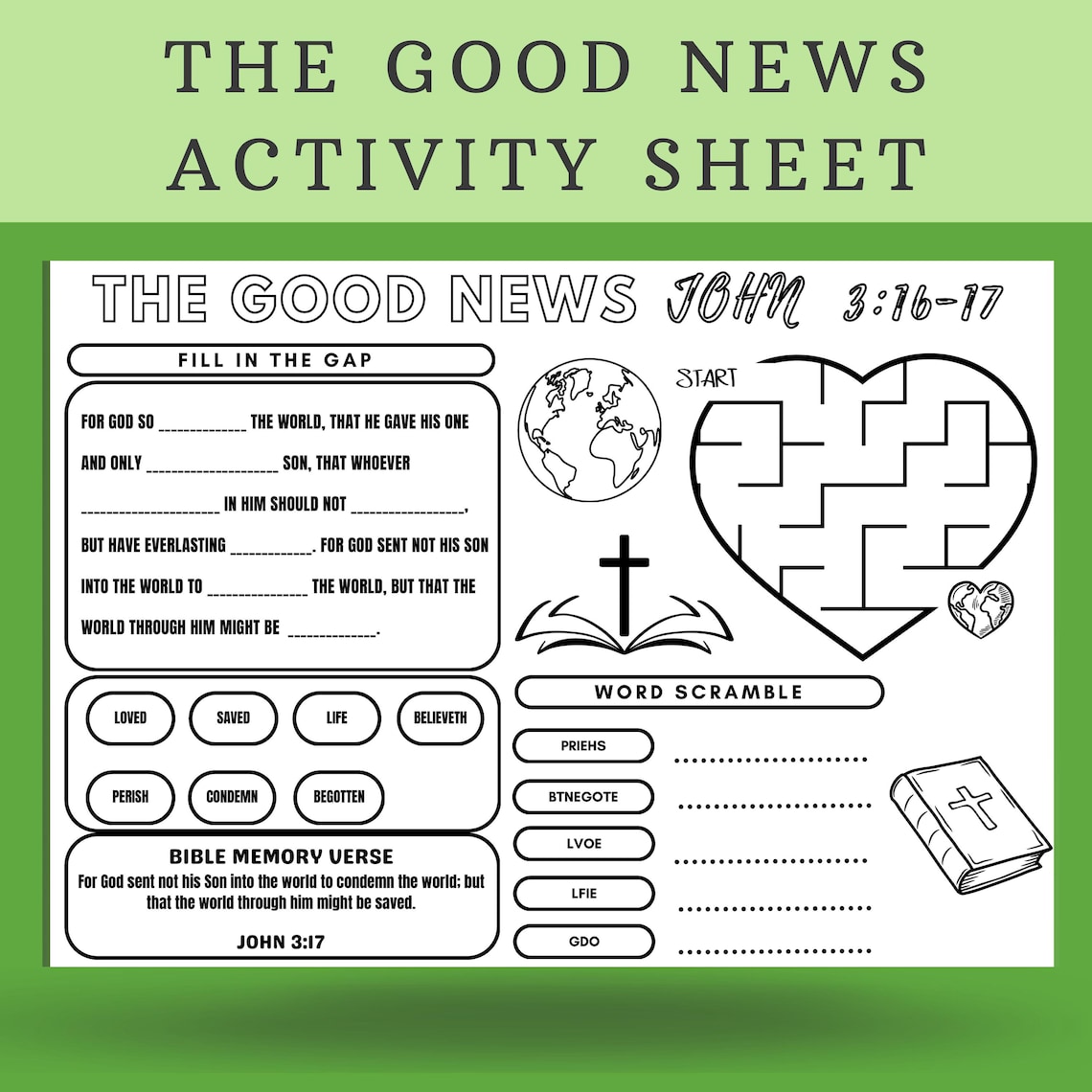 The Good News Activity Sheet, Bible Story Activity Placemat, Bible Coloring Page, Bible Verse ...
