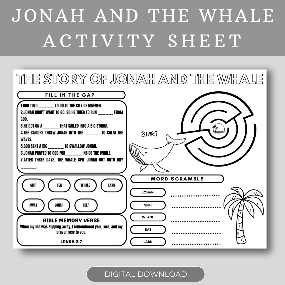 Jonah and the Whale Activity Sheet | Bible Story Printable for Kids ...
