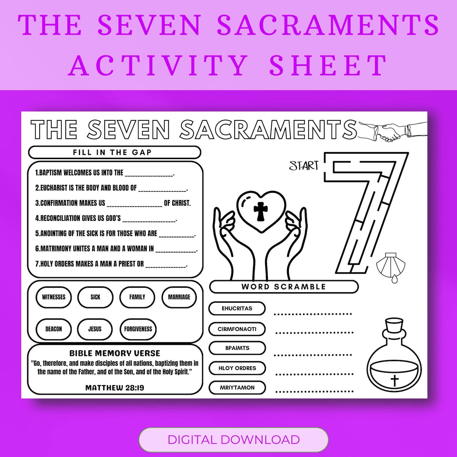The Seven Sacraments Activity Sheet, Catholic Printable, Seven ...
