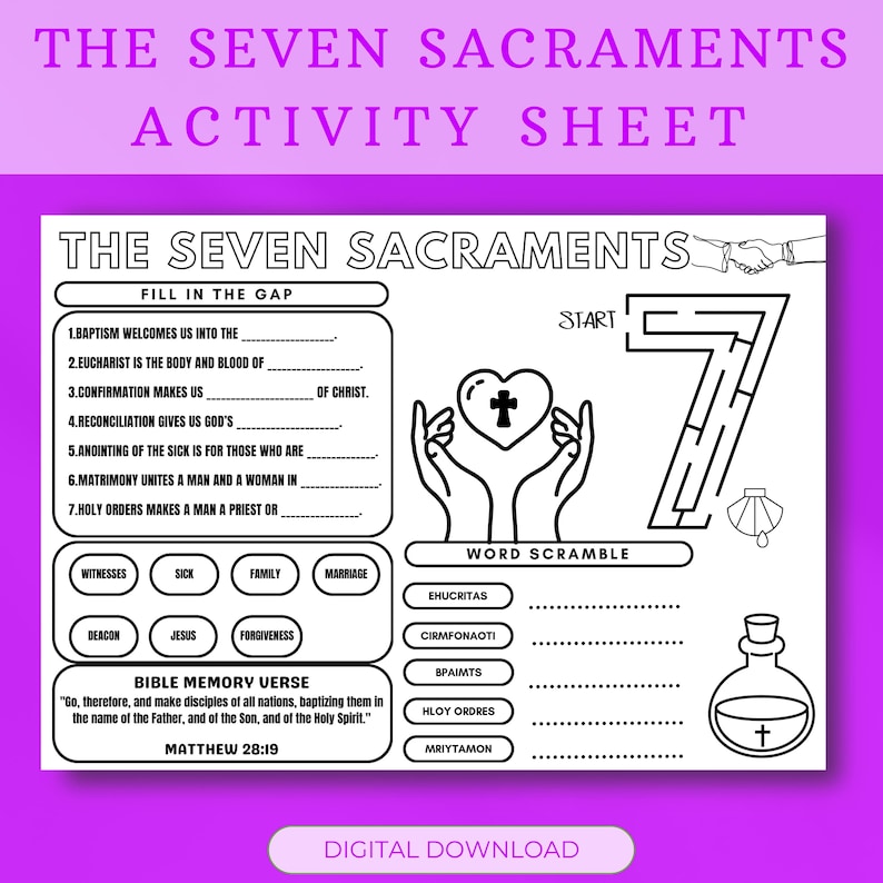 The Seven Sacraments Activity Sheet, Catholic Printable, Seven ...