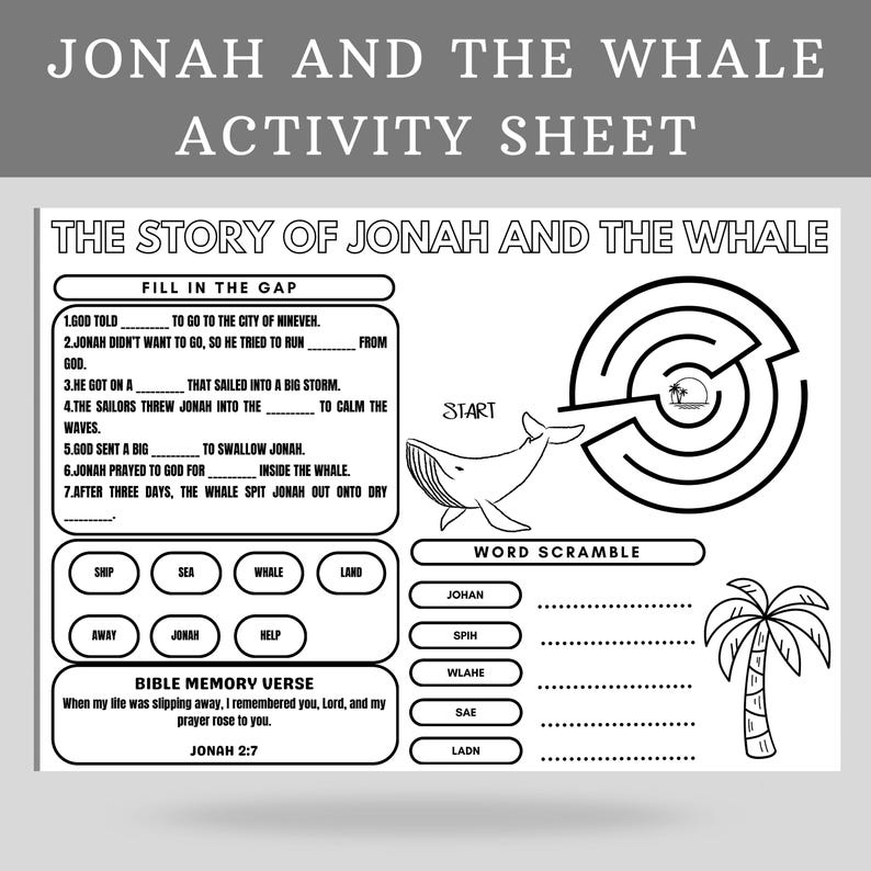 Jonah and the Whale Activity Sheet | Bible Story Printable for Kids ...
