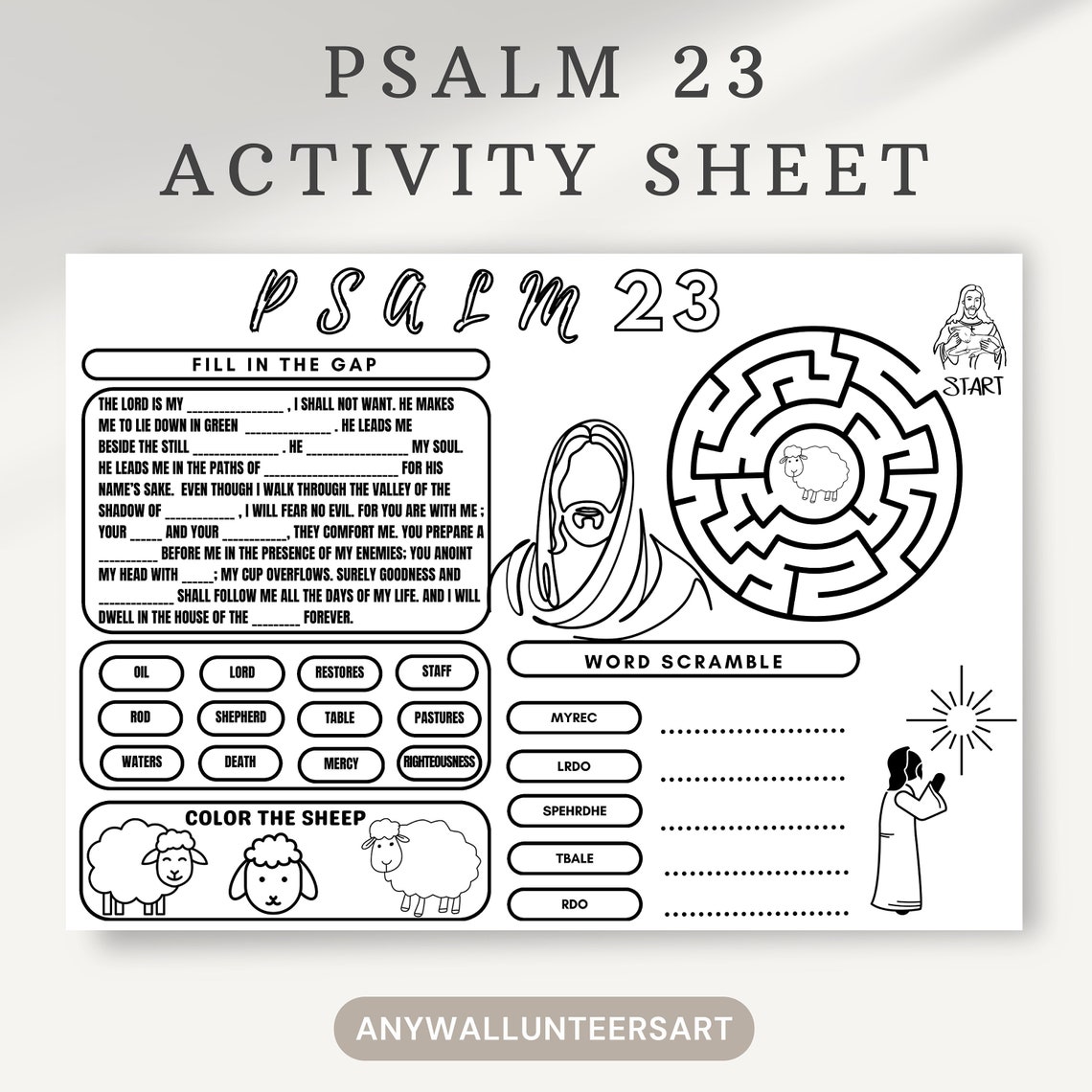 Psalm 23 Activity Sheet,bible Story Activity Placemat,bible Coloring ...