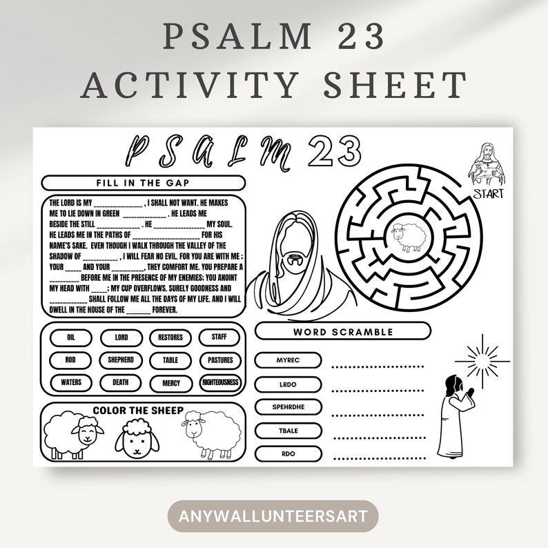 Psalm 23 Activity Sheet,bible Story Activity Placemat,bible Coloring ...