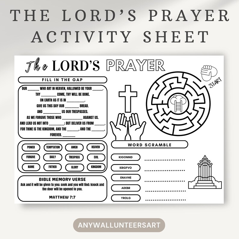 The Lord's Prayer Activity Sheet, Bible Story Activity Placemat, Bible ...