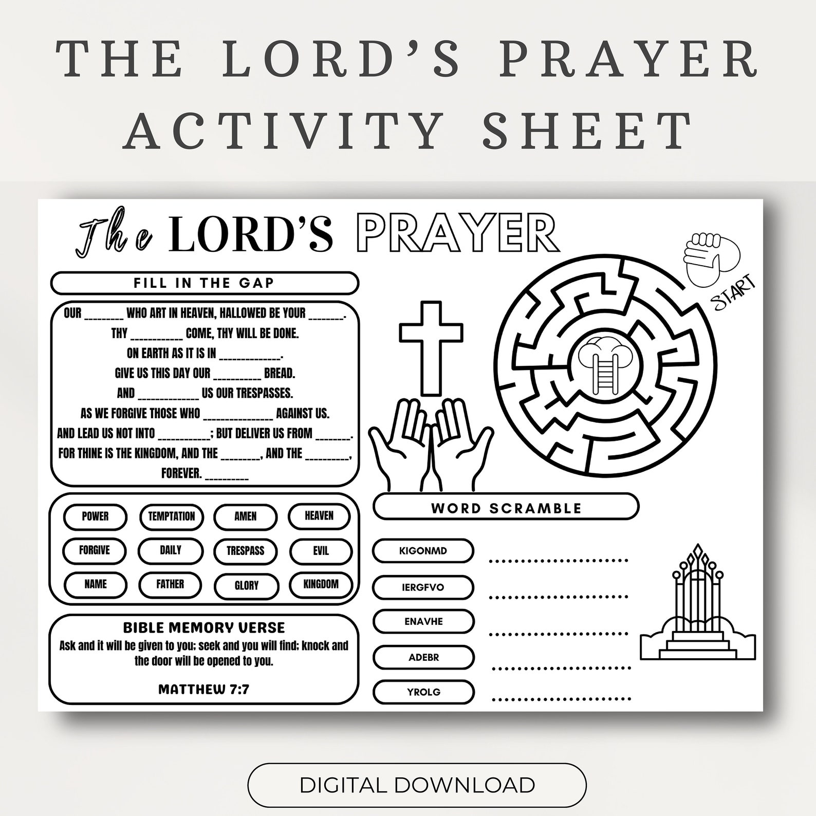 The Lord's Prayer Activity Sheet, Bible Story Activity Placemat, Bible ...