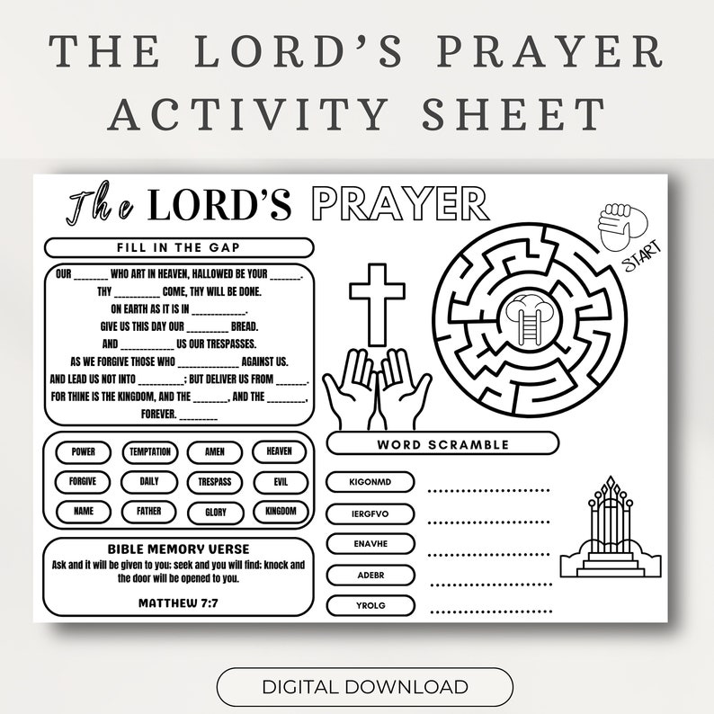 The Lord's Prayer Activity Sheet, Bible Story Activity Placemat, Bible ...