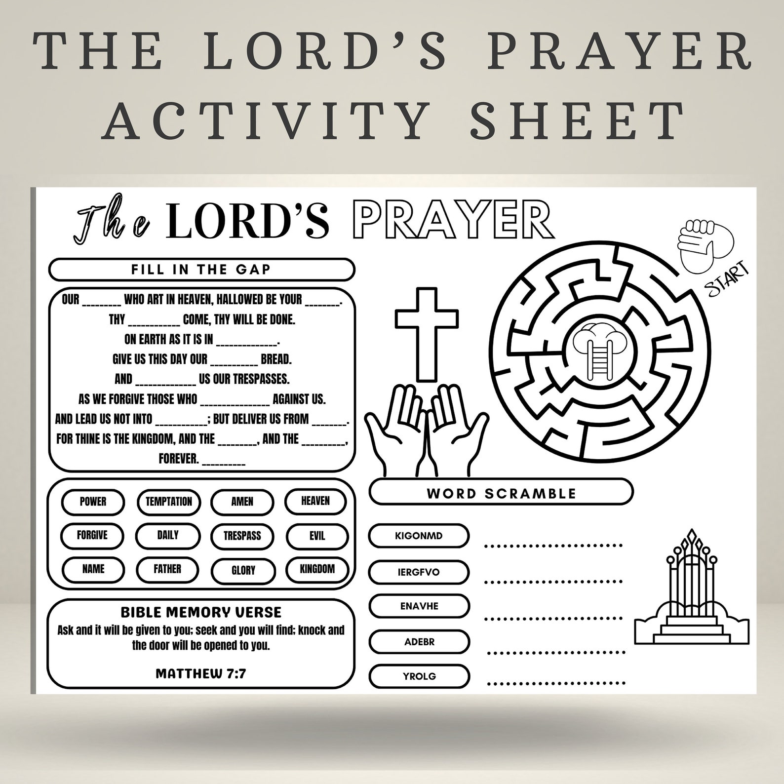 The Lord's Prayer Activity Sheet, Bible Story Activity Placemat, Bible ...