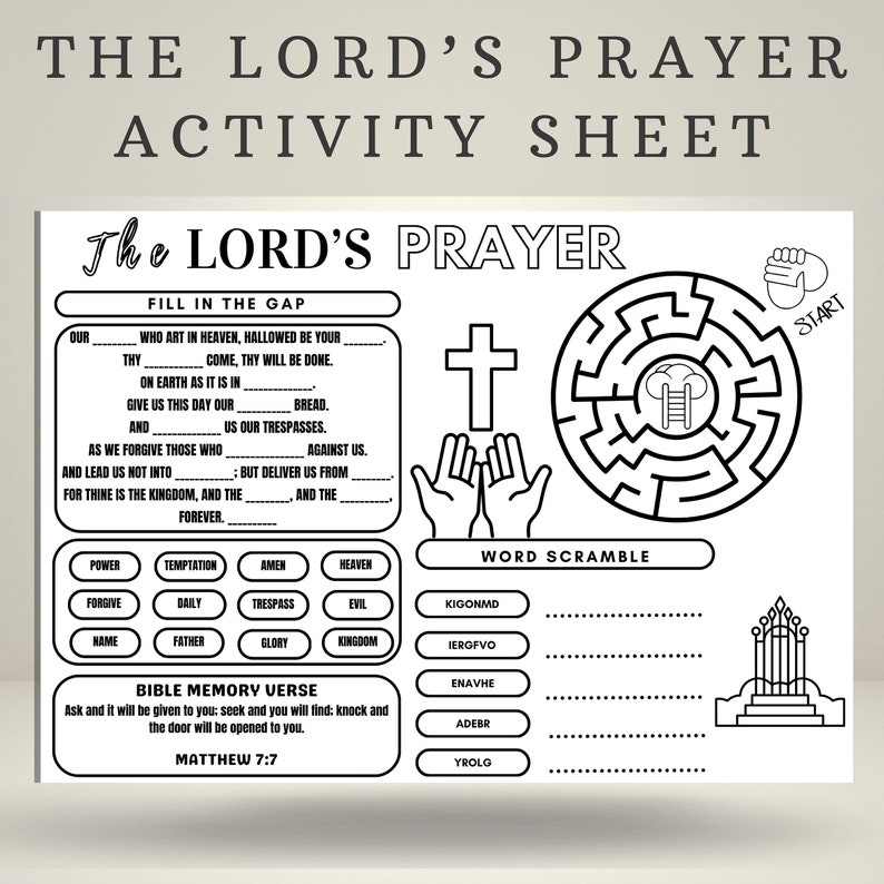 The Lord's Prayer Activity Sheet, Bible Story Activity Placemat, Bible ...