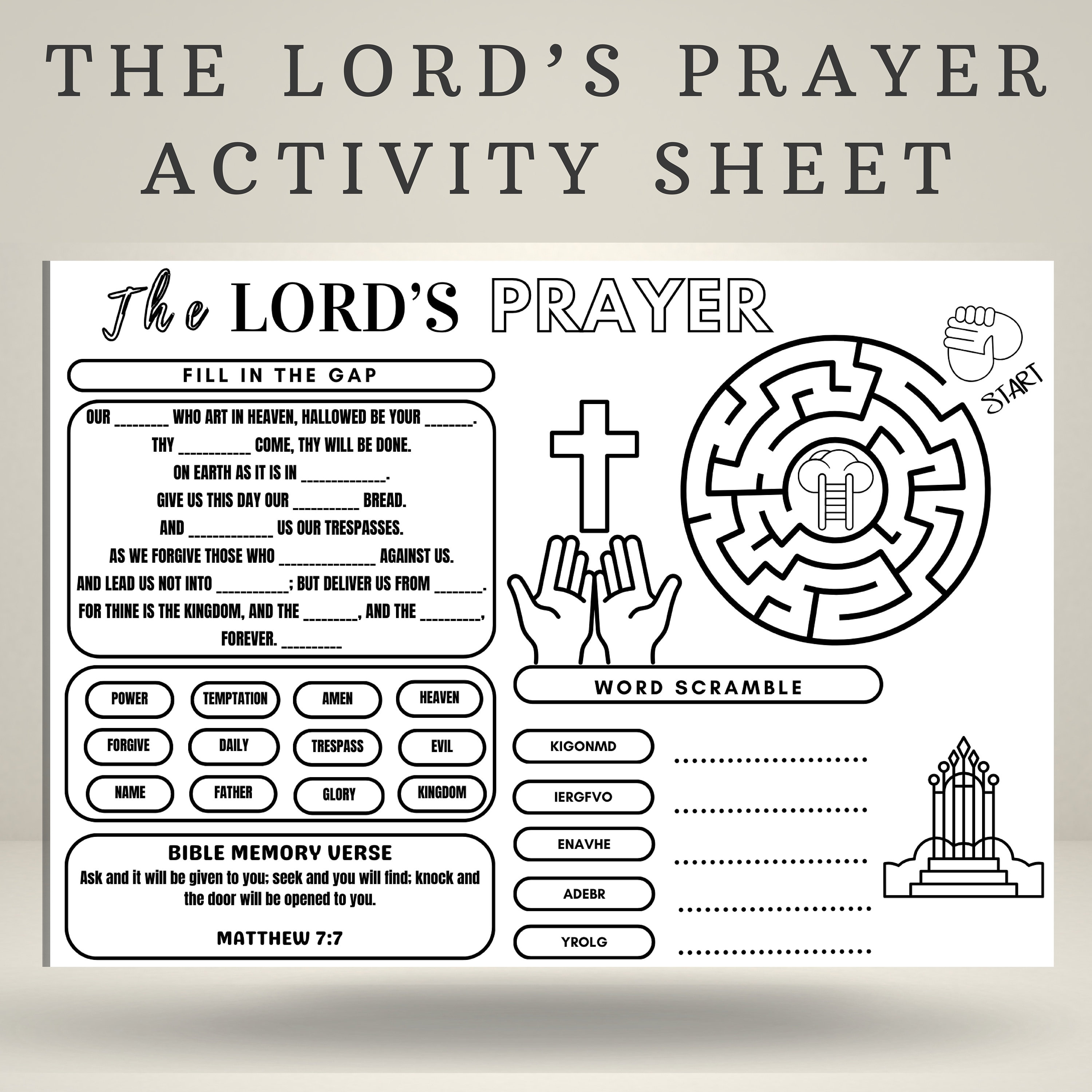 The Lord's Prayer Activity Sheet, Bible Story Activity Placemat, Bible ...
