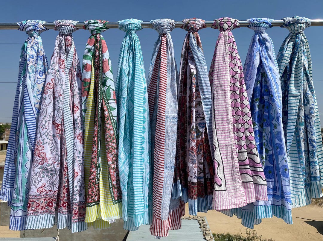 Hand Block Print Cotton Sarong Set: Indian Beach Scarf, Bachelorette ...